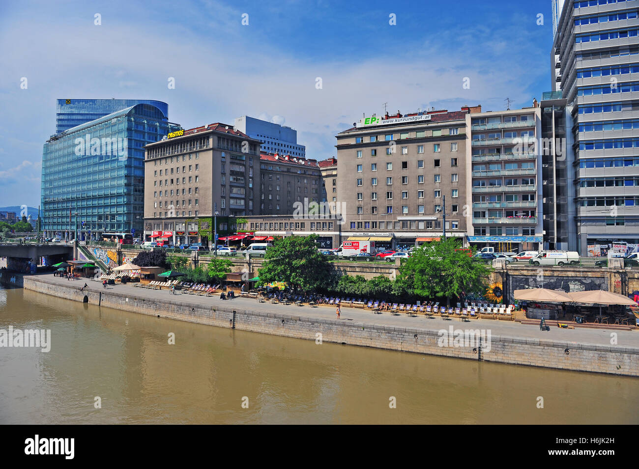VIENNA, AUSTRIA - JUNE 6: View of the riverside of Vienna city on June ...