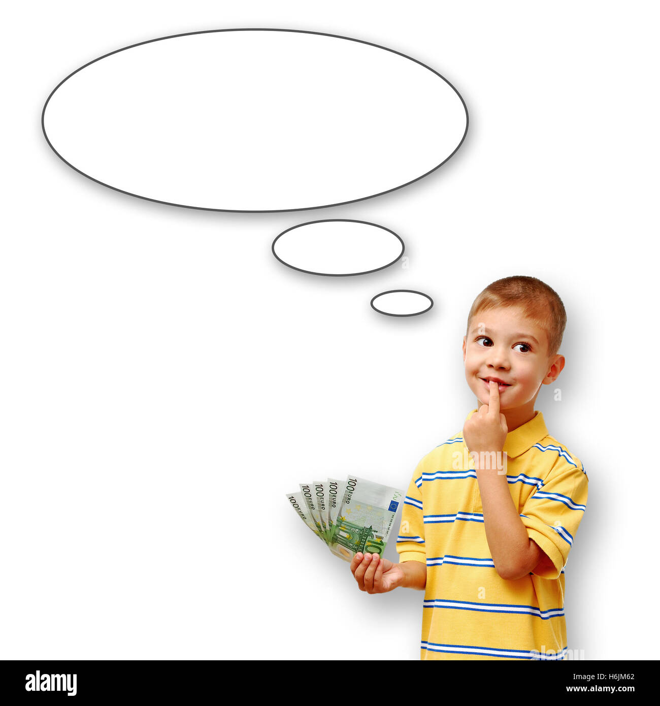 Boy holding money and thought bubble on white background Stock Photo ...