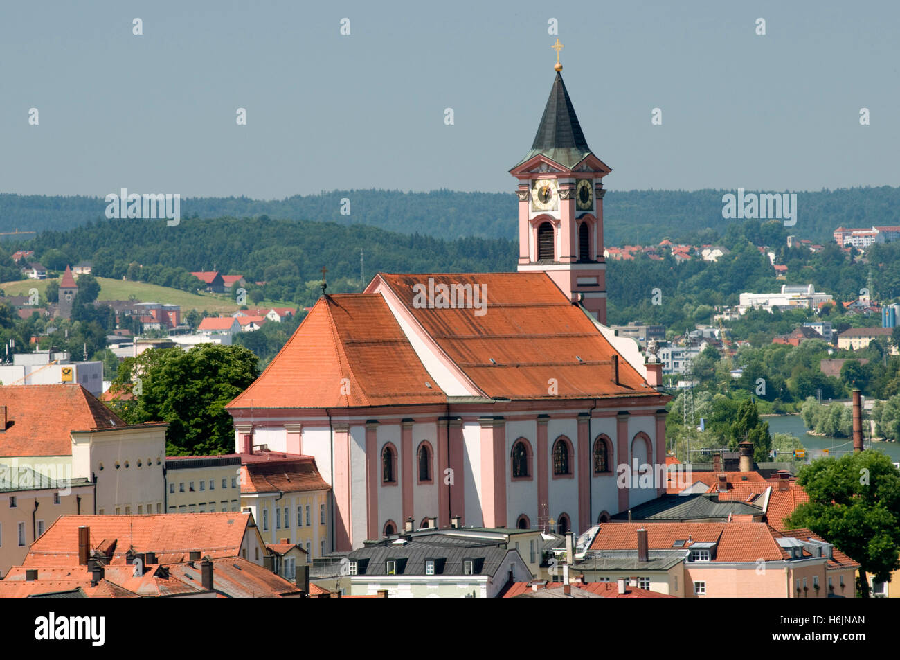 Historic town with parish church of St. Paul, Passau, Bavarian Forest ...
