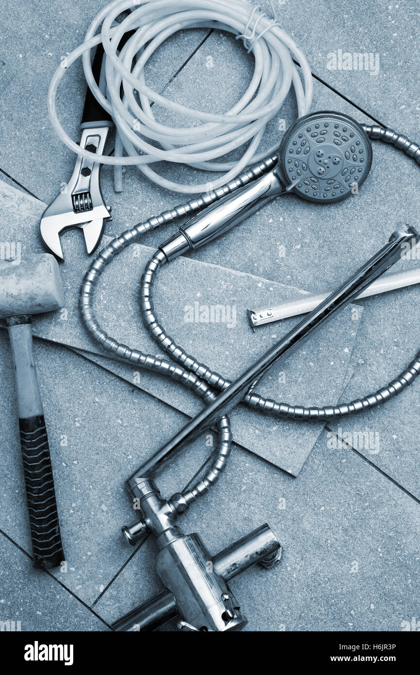 different tools for repair in the bathroom Stock Photo - Alamy