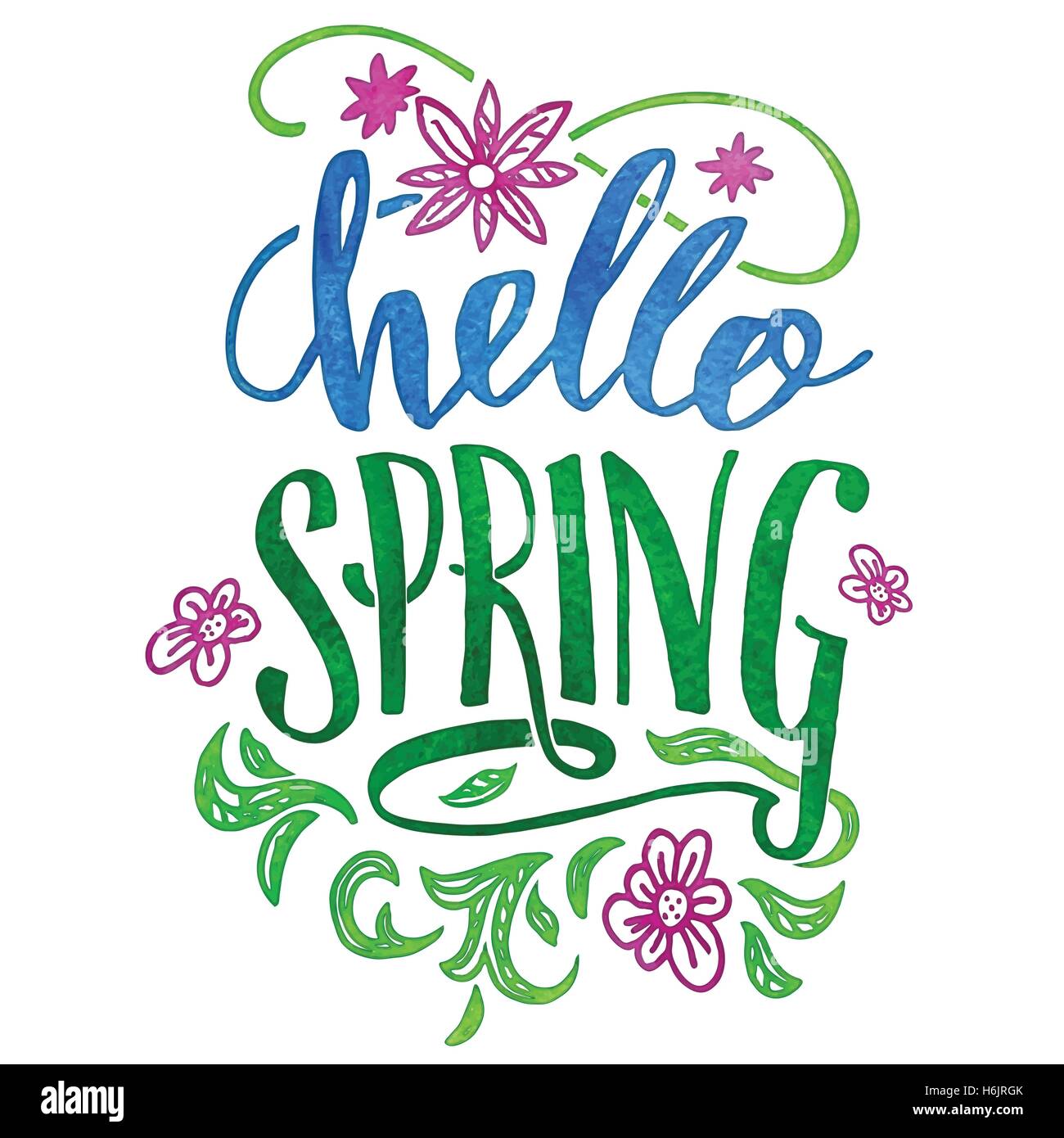 Hello spring. Watercolor hand lettering isolated on white background ...