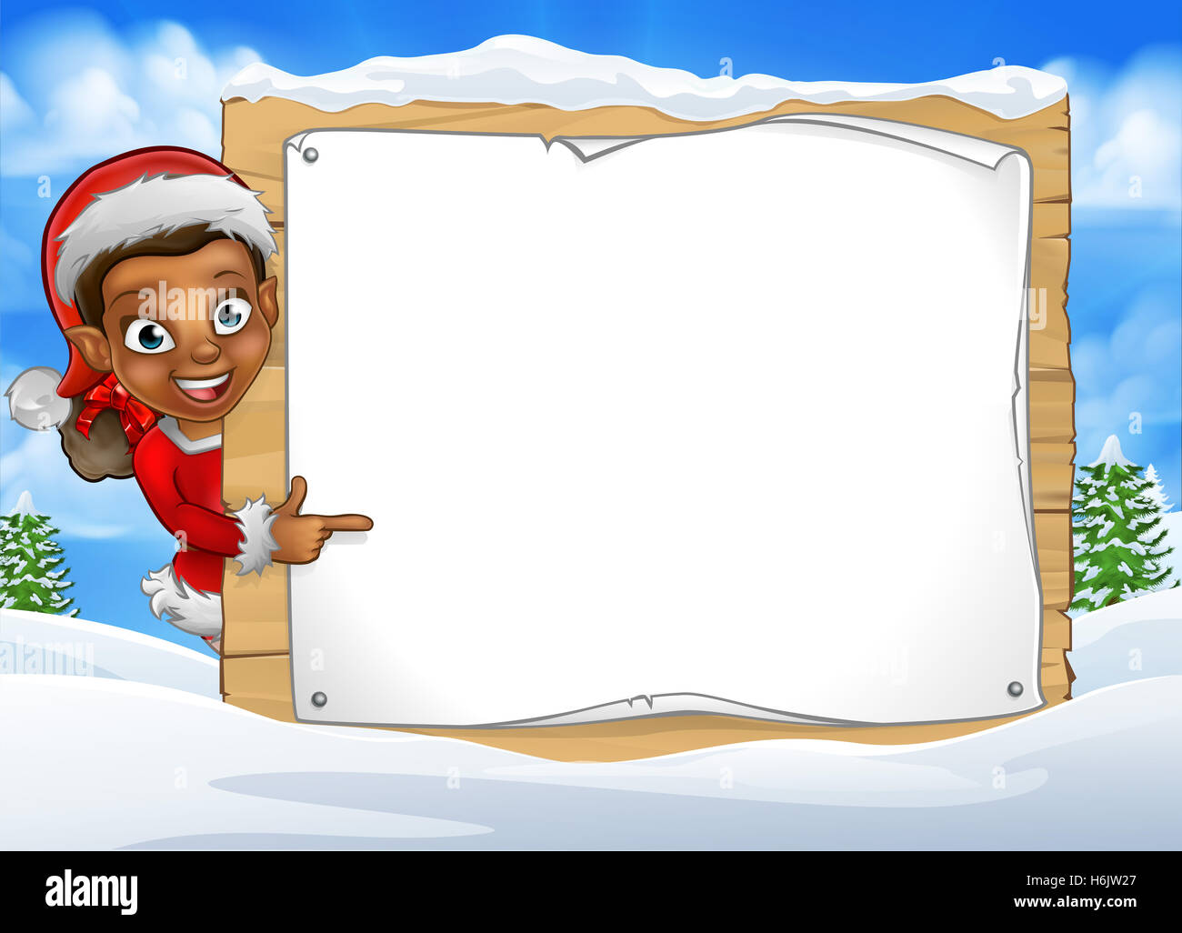 Christmas elf cartoon character in Santa hat peeking around wooden ...