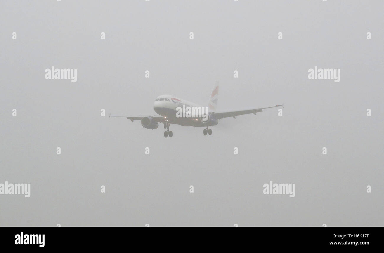 Planes in the fog at Heathrow Airport, London Stock Photo - Alamy