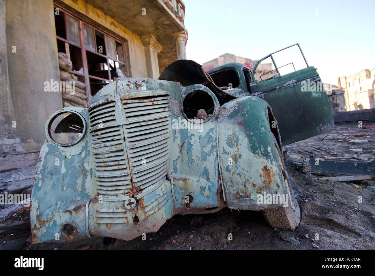 the ancient collapsed car among ruins Stock Photo - Alamy