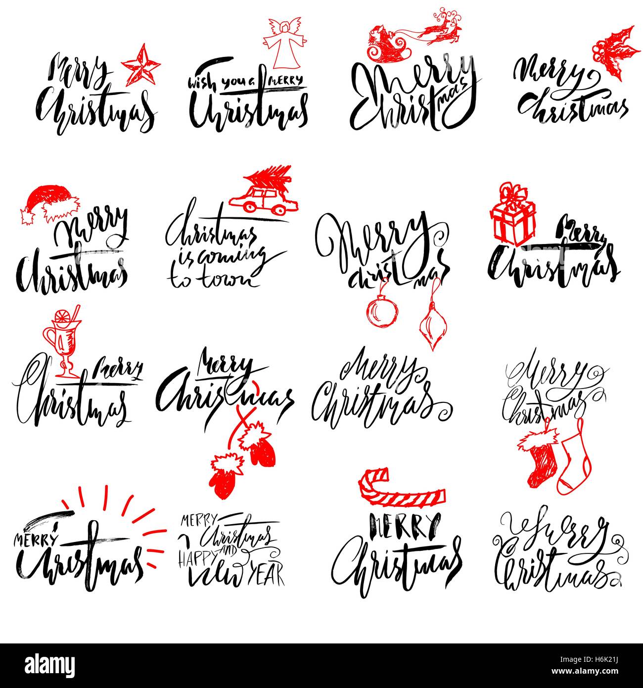 Merry Christmas handwritten lettering. Typographic emblems set. Vector logo, text design. Usable ...
