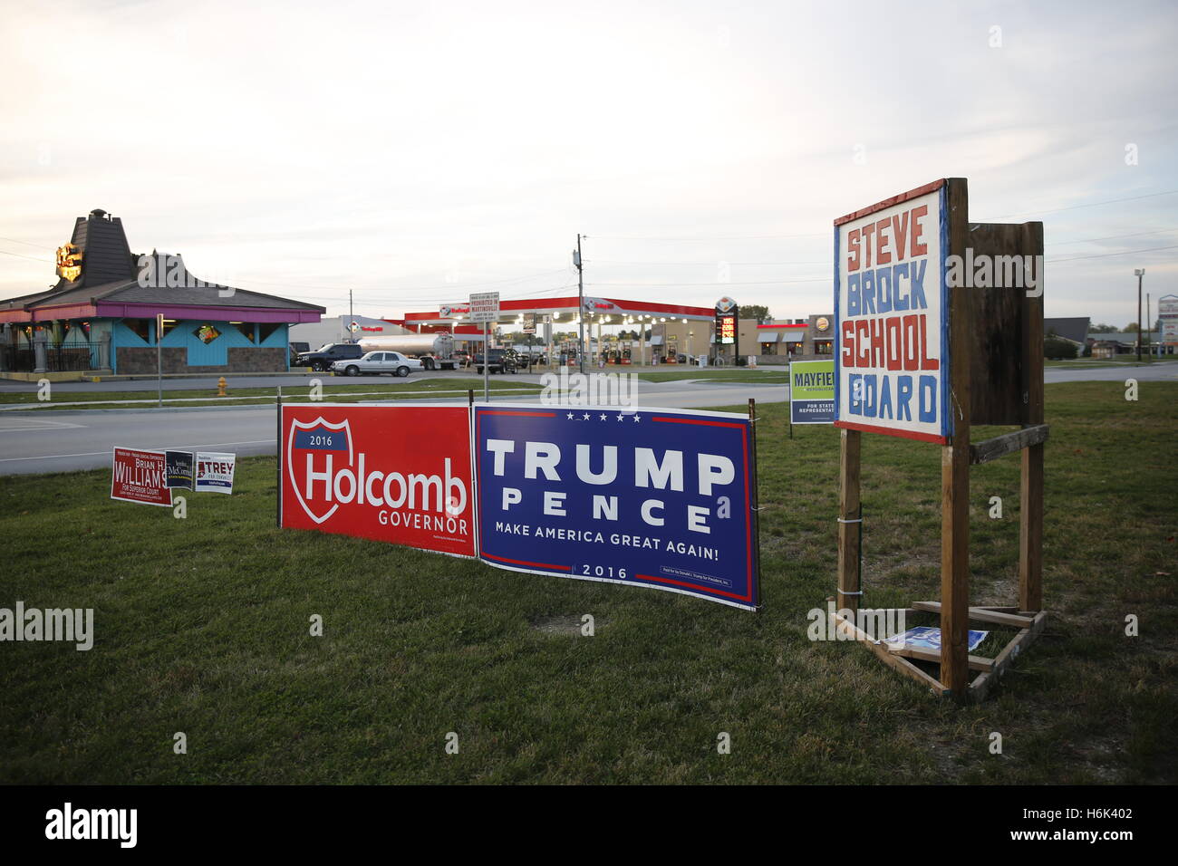 Donald Trump signs on Ohio Street in Martinsville, Indiana. There are ...