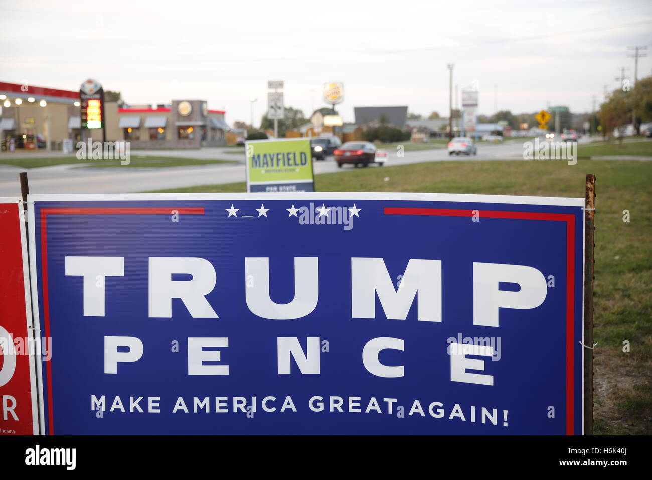 Donald Trump signs on Ohio Street in Martinsville, Indiana. There are ...