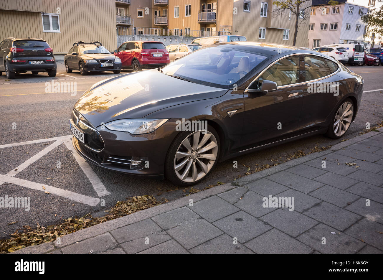 Trondheim, Norway - October 19, 2016: Black Tesla model S, full-size ...