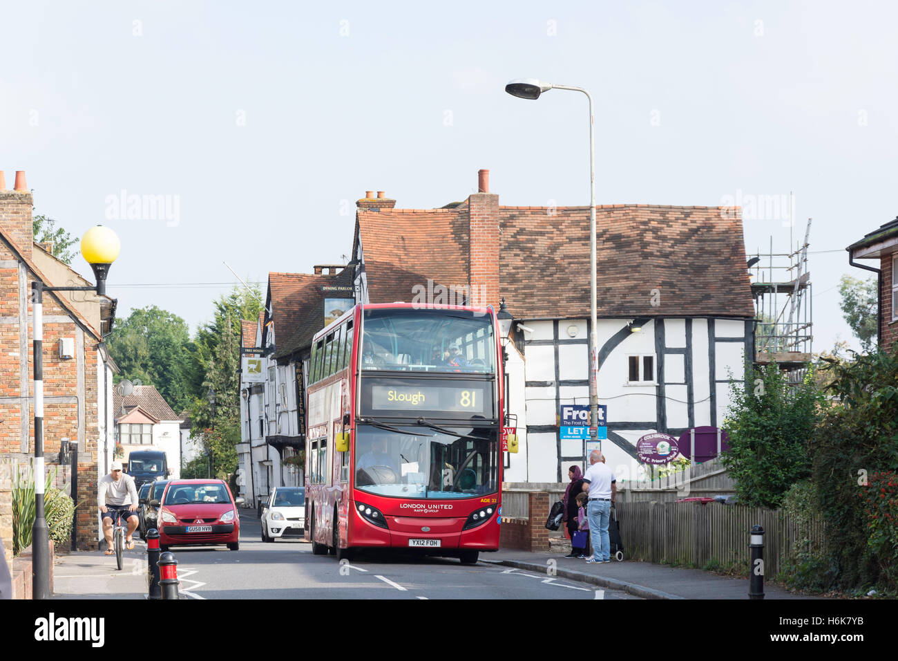 Double-decker bus at bus stop, High Street, Colnbrook, Berkshire ...