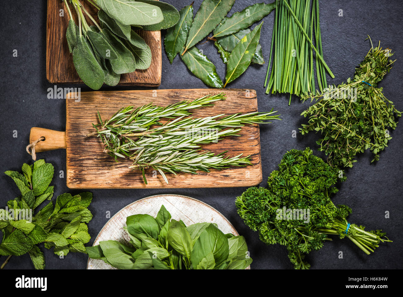 Fresh herbs from garden, overhead view Stock Photo - Alamy