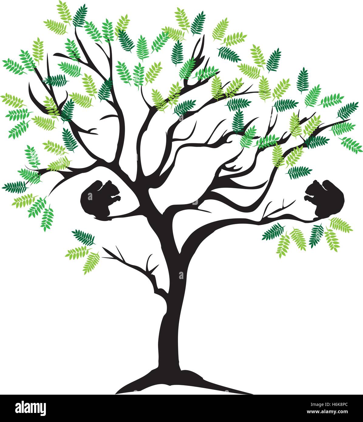 Vector Illustration Of A Tree With Green Leaves And Squirrels Stock