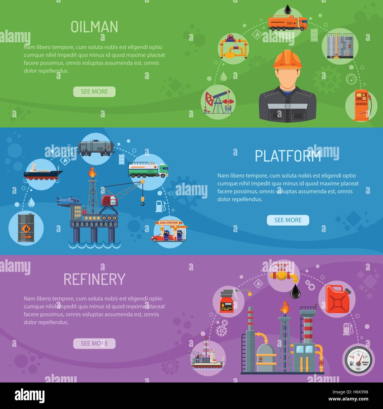 Oil industry Horizontal Banners with Flat Icons extraction refinery and ...