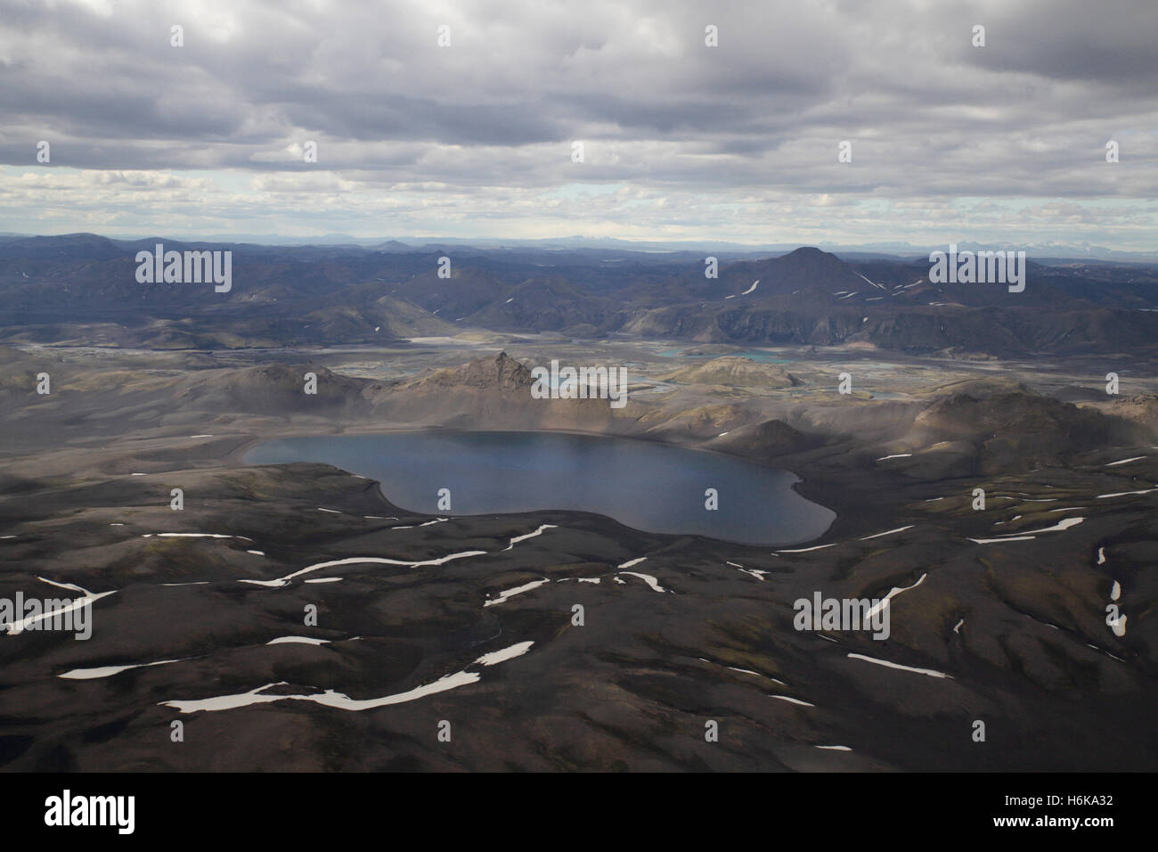 Aerial photo of rivers and lakes, mountain in the highlands of Iceland ...