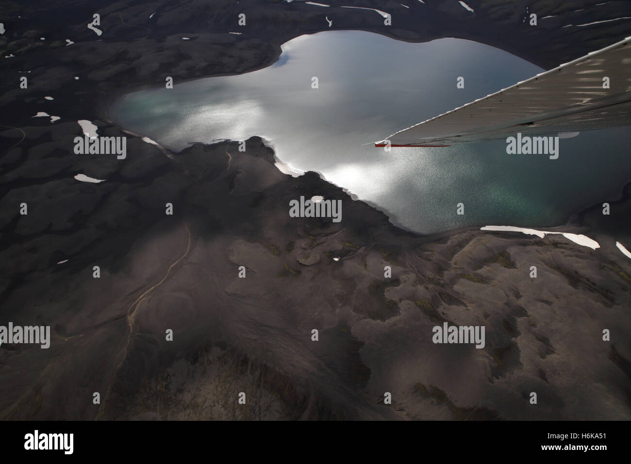 Aerial photo of rivers and lakes, mountain in the highlands of Iceland ...