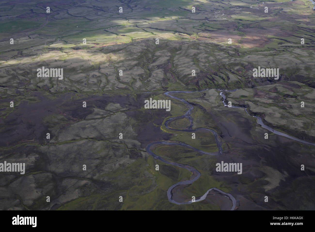 Aerial photo of rivers and lakes, mountain in the highlands of Iceland ...