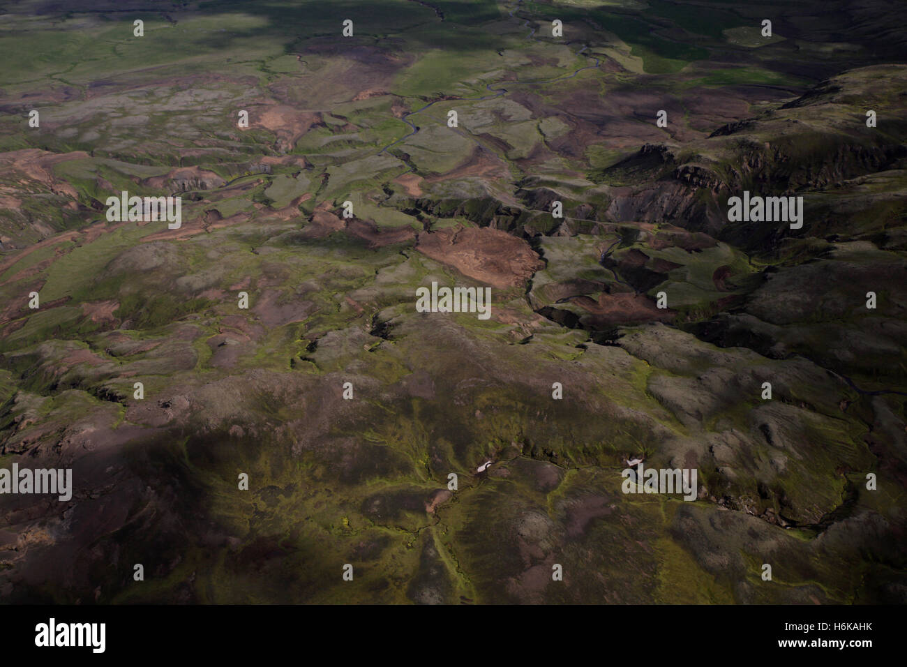 Aerial photo of rivers and lakes, mountain in the highlands of Iceland ...