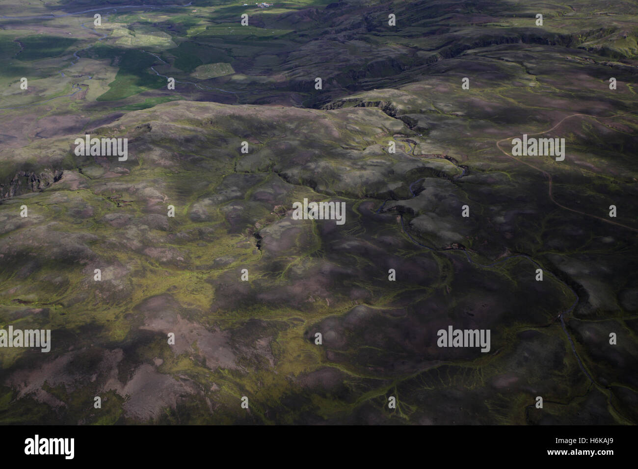 Aerial photo of rivers and lakes, mountain in the highlands of Iceland ...