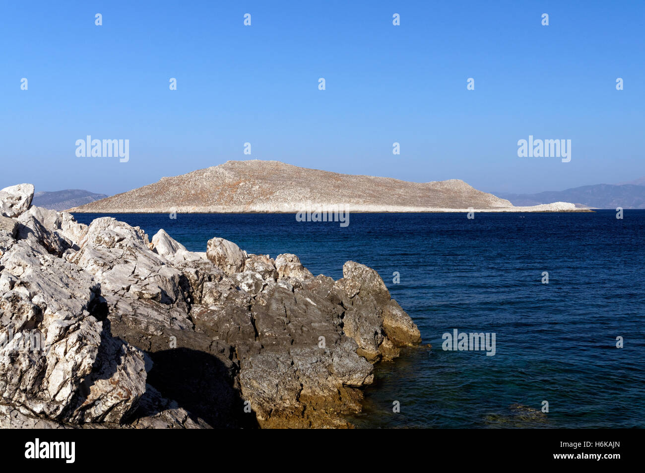 View from Ftenaghia Beach, Chalki Island near Rhodes, Dodecanese ...