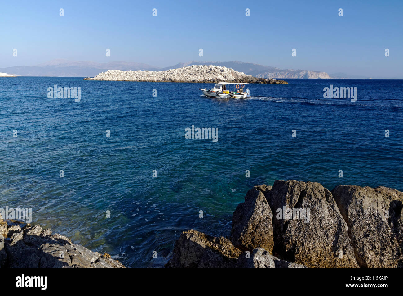 View from Ftenaghia Beach, Chalki Island near Rhodes, Dodecanese ...