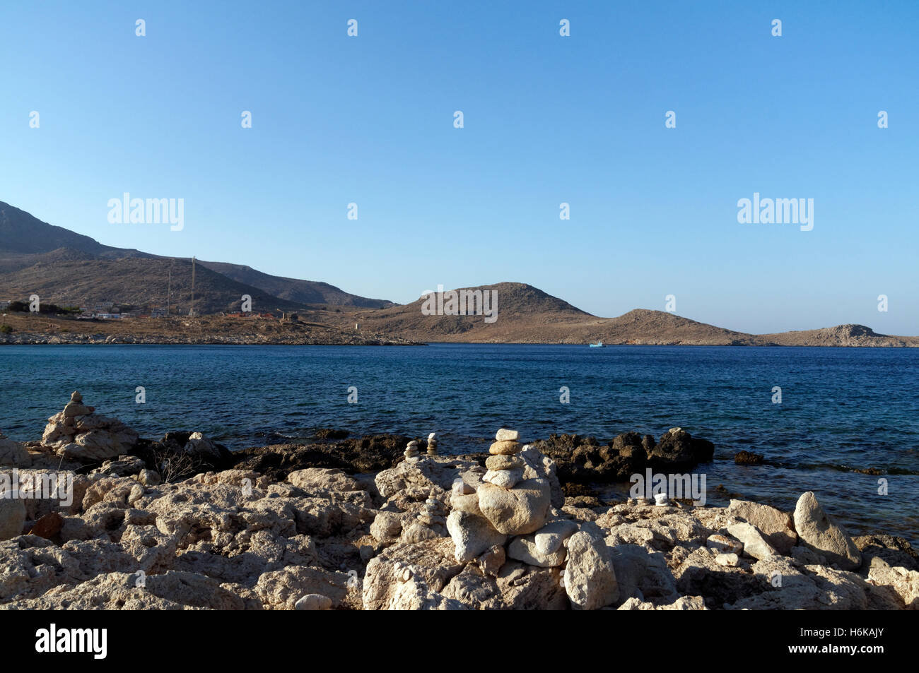 View from Ftenaghia Beach, Chalki Island near Rhodes, Dodecanese ...