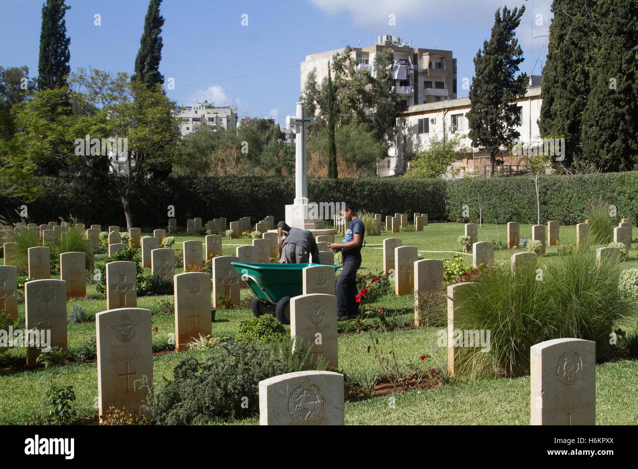 Beirut Lebanon. 31st October 2016. Groundsmen prepare the Commonwealth ...