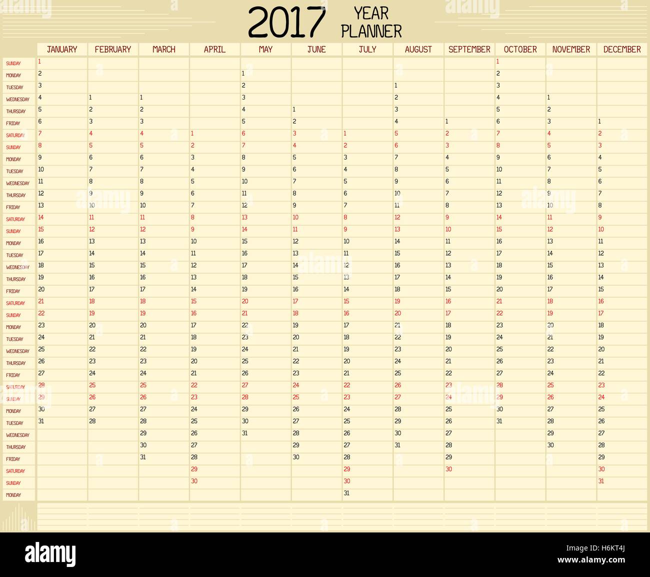 An annual planner calendar for the year 2017. A custom handwritten ...