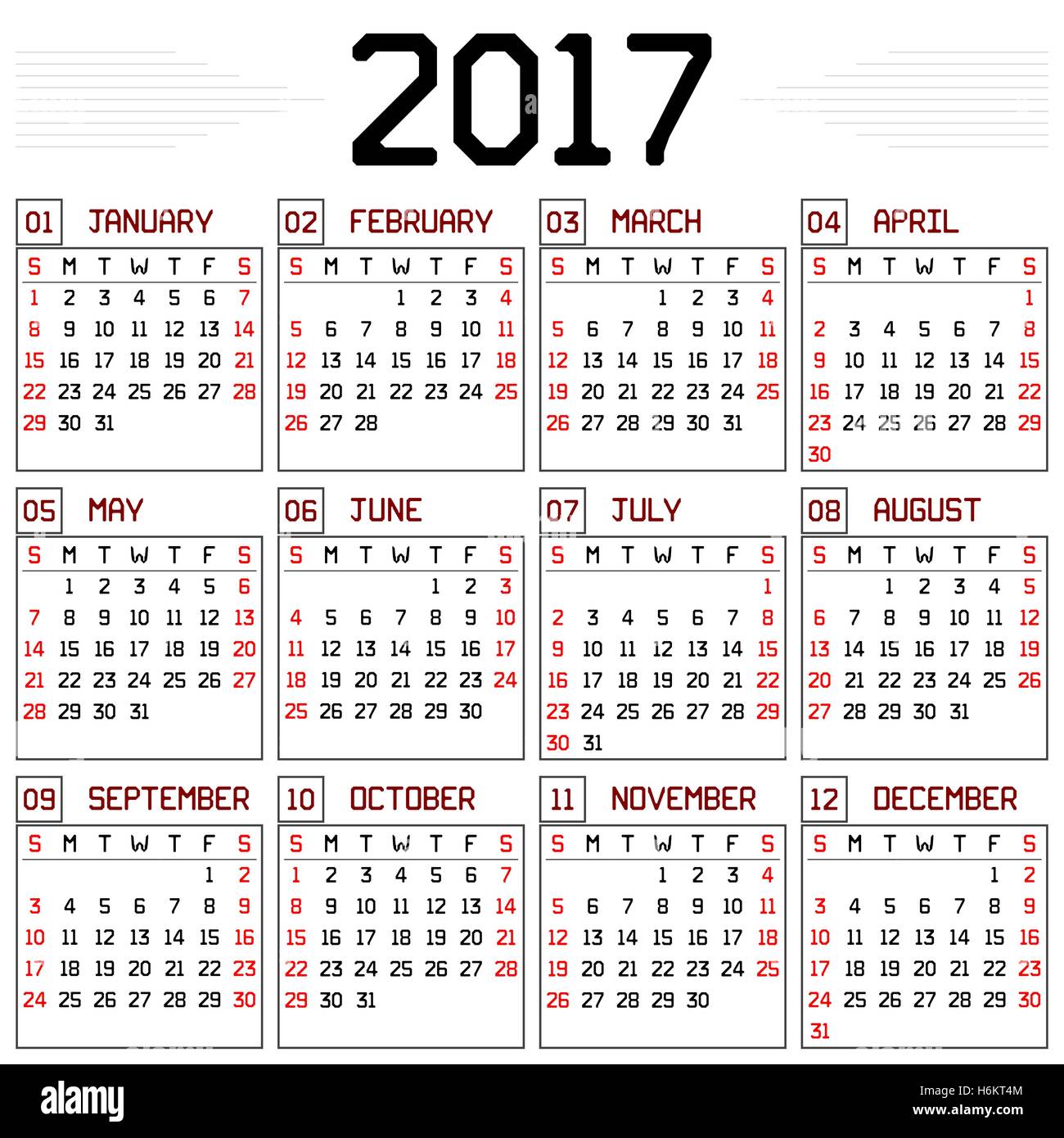 A monthly calendar for the year 2017 on white. A custom straight lines ...