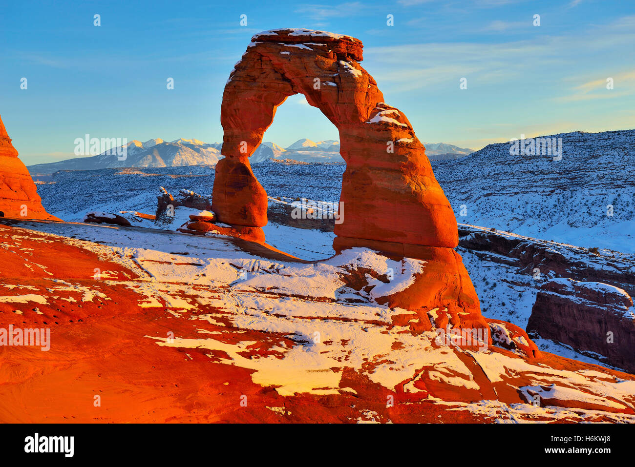 Delicate Arch at sunset in Arches National Park, Utah in winter Stock ...
