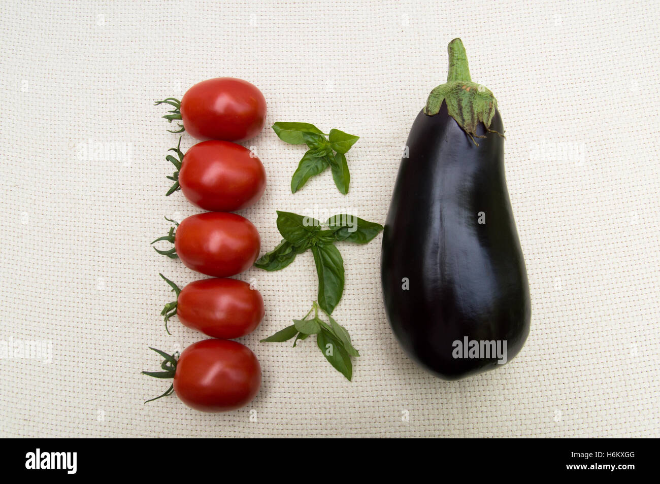 Five Ripe Roma Tomatoes in a Row, Fresh Basil and Eggplant , all ...