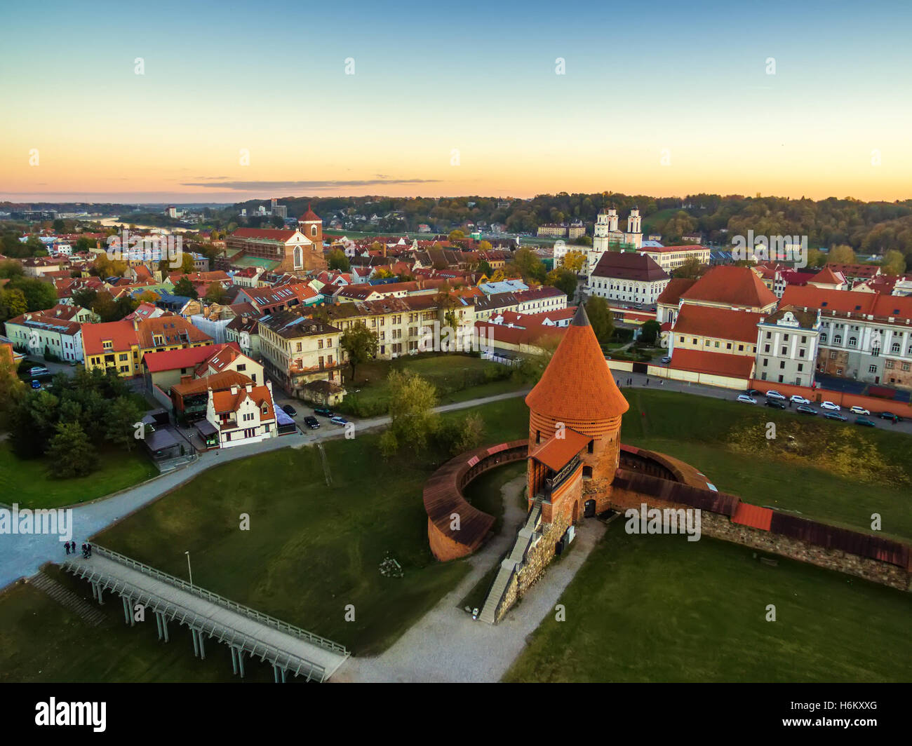 Kaunas, Lithuania: aerial top view of old town and castle Stock Photo ...