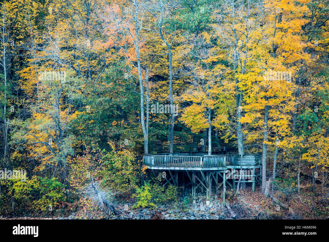 Scenic overlook with a wooden bridge in autumn season Stock Photo - Alamy