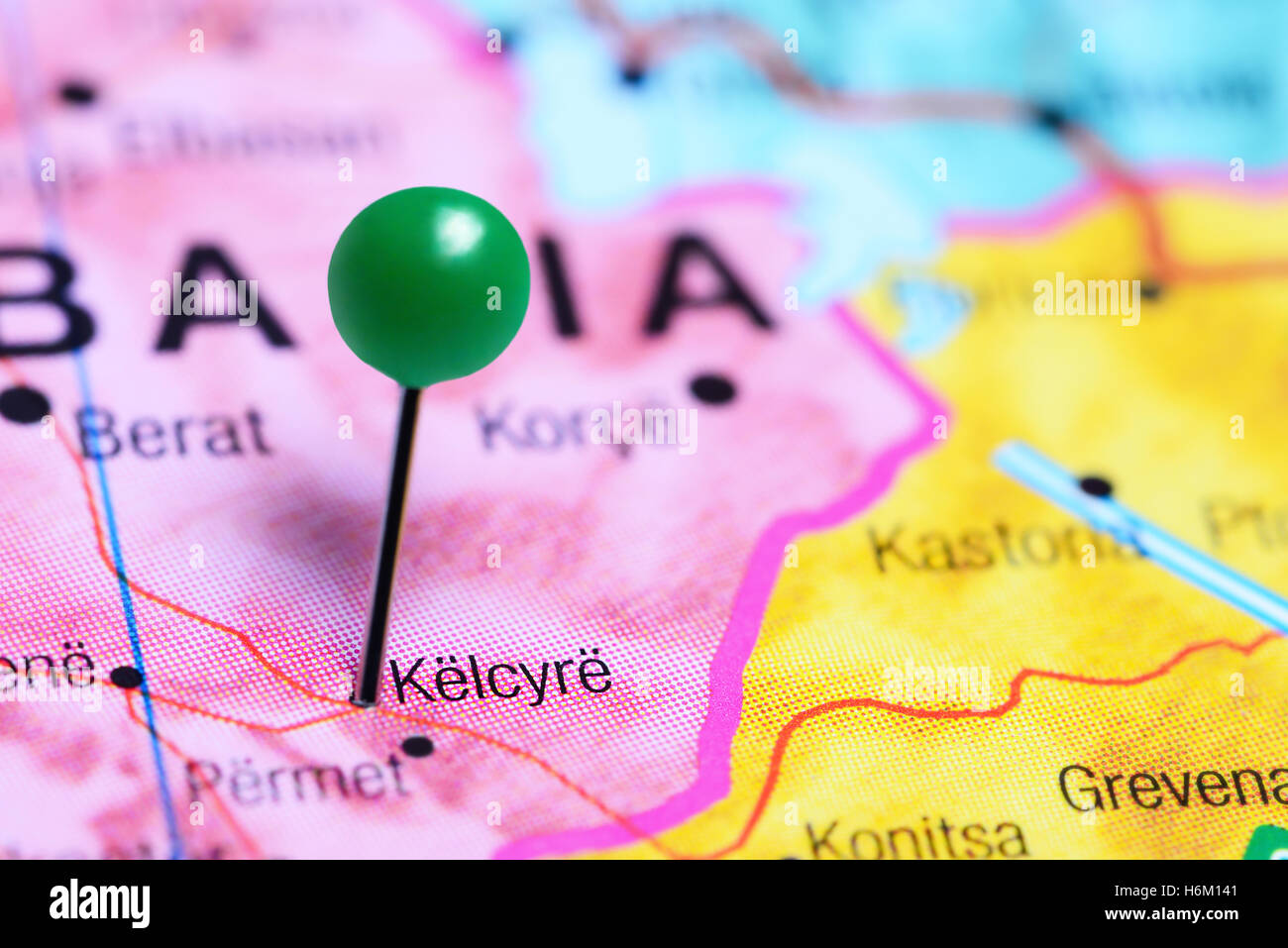 Kelcyre pinned on a map of Albania Stock Photo - Alamy