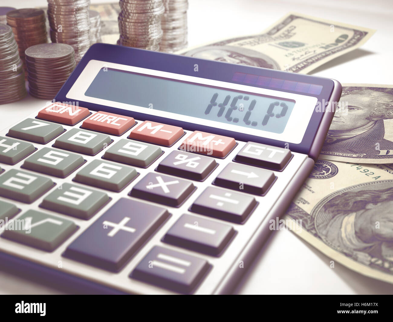 Solar calculator amid dollars and coins showing on the digital display ...