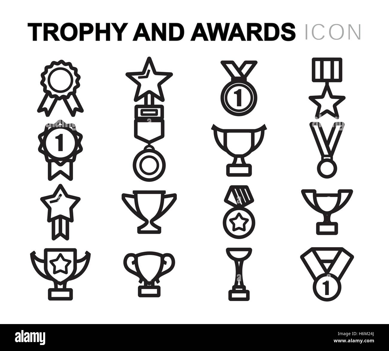 Vector black line trophy and awards icons set on white background Stock ...