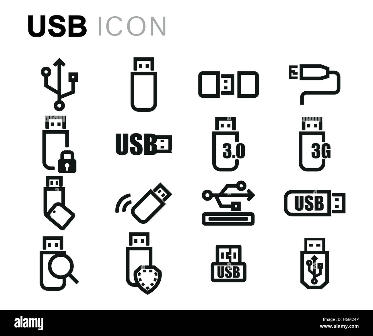 Vector black line usb icons set on white background Stock Vector Image ...