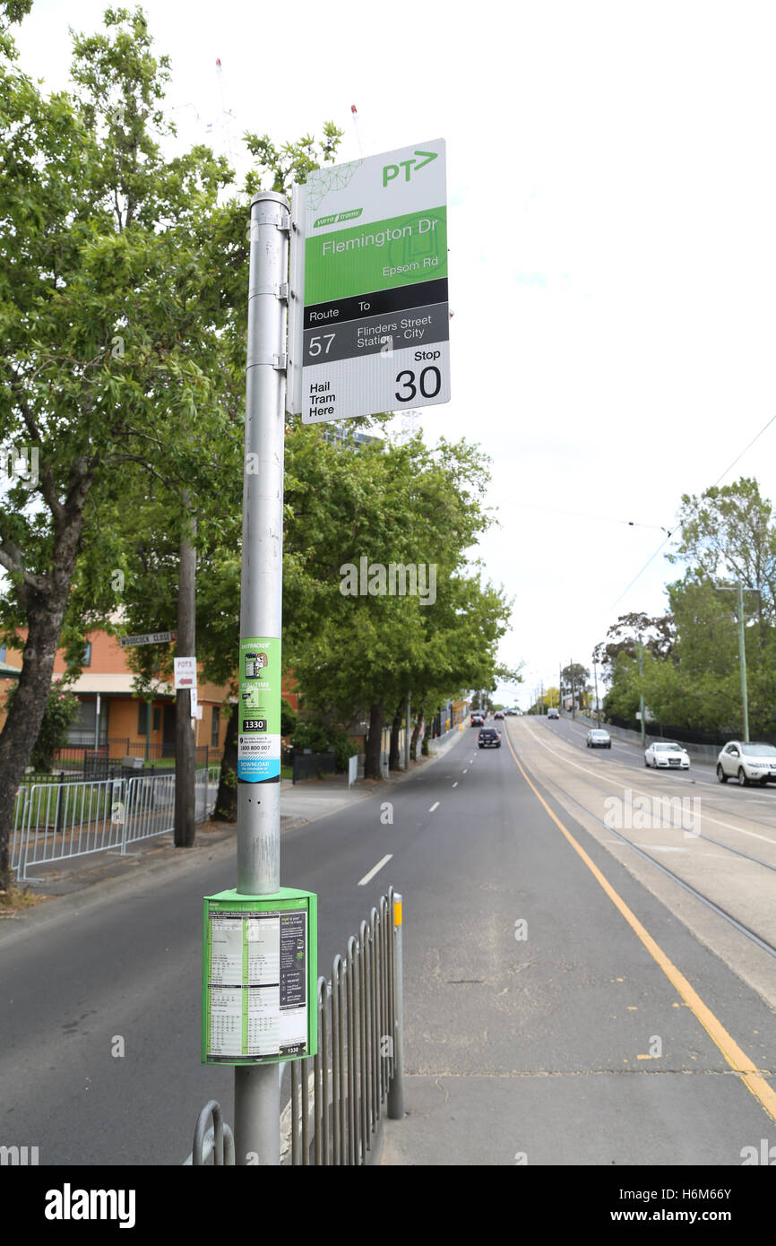The Flemington Drive tram stop for route 57 on Epsom Road, Melbourne ...