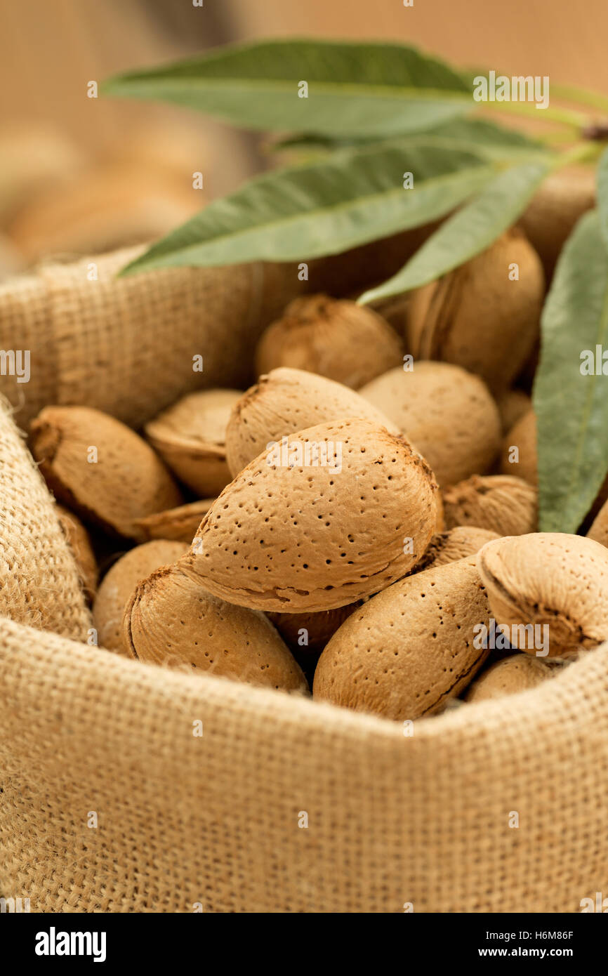 Almonds on brown wooden background. Beneficials for the brain Stock ...