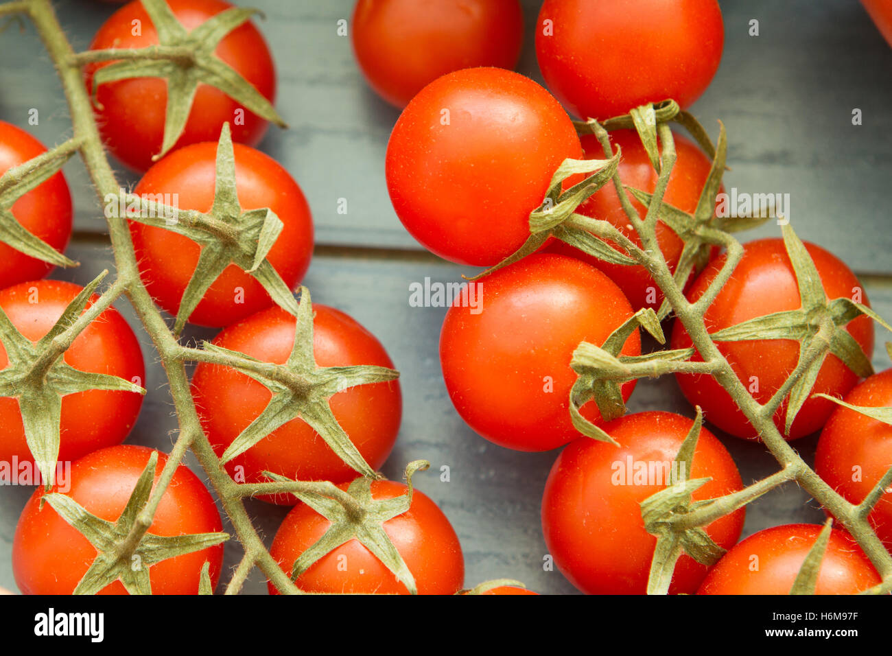 Small cherry tomatoes with leaf on a blue wooden surface Stock Photo ...