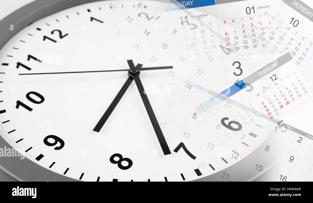Clock face and calendars composite Stock Photo - Alamy