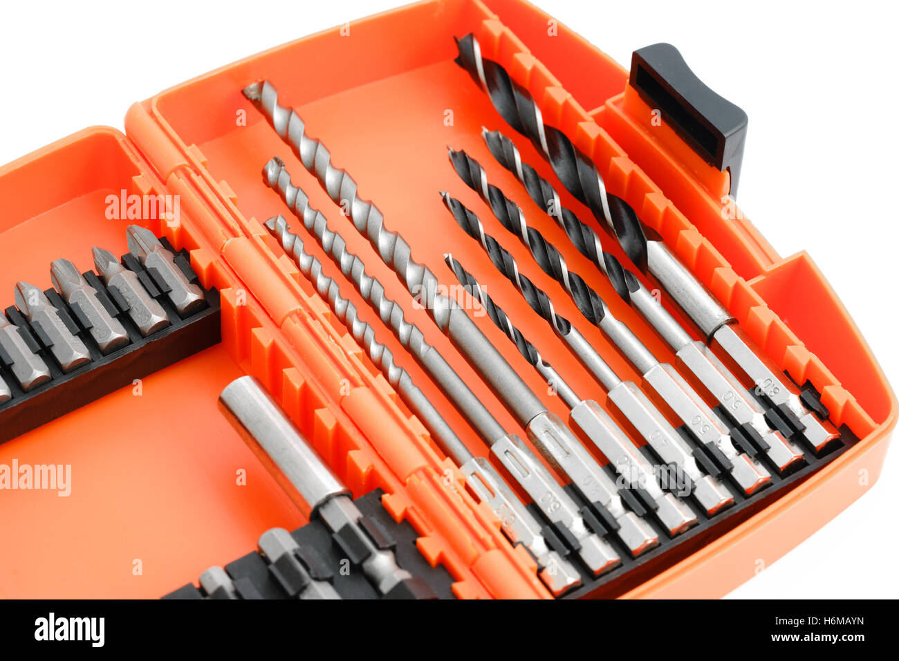 Drill bit set in box isolated on white background Stock Photo - Alamy
