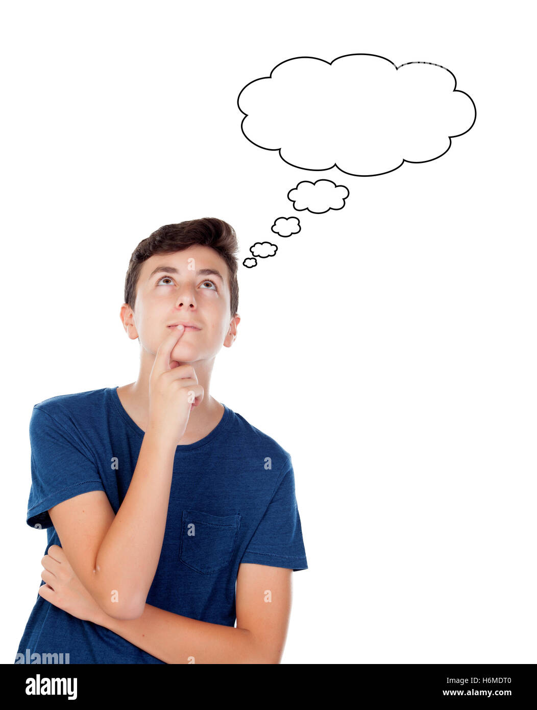 Brown young caucasian boy thinking with a blank bubble isolated on ...