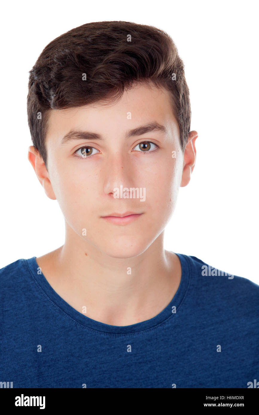 Brown young caucasian boy isolated on white background Stock Photo - Alamy