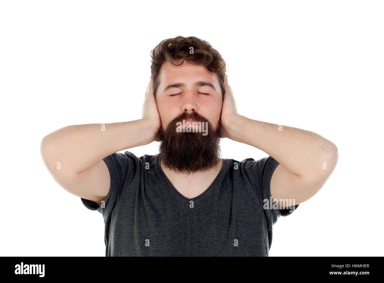 Handsome with long beard covering ears isolated on a white background ...