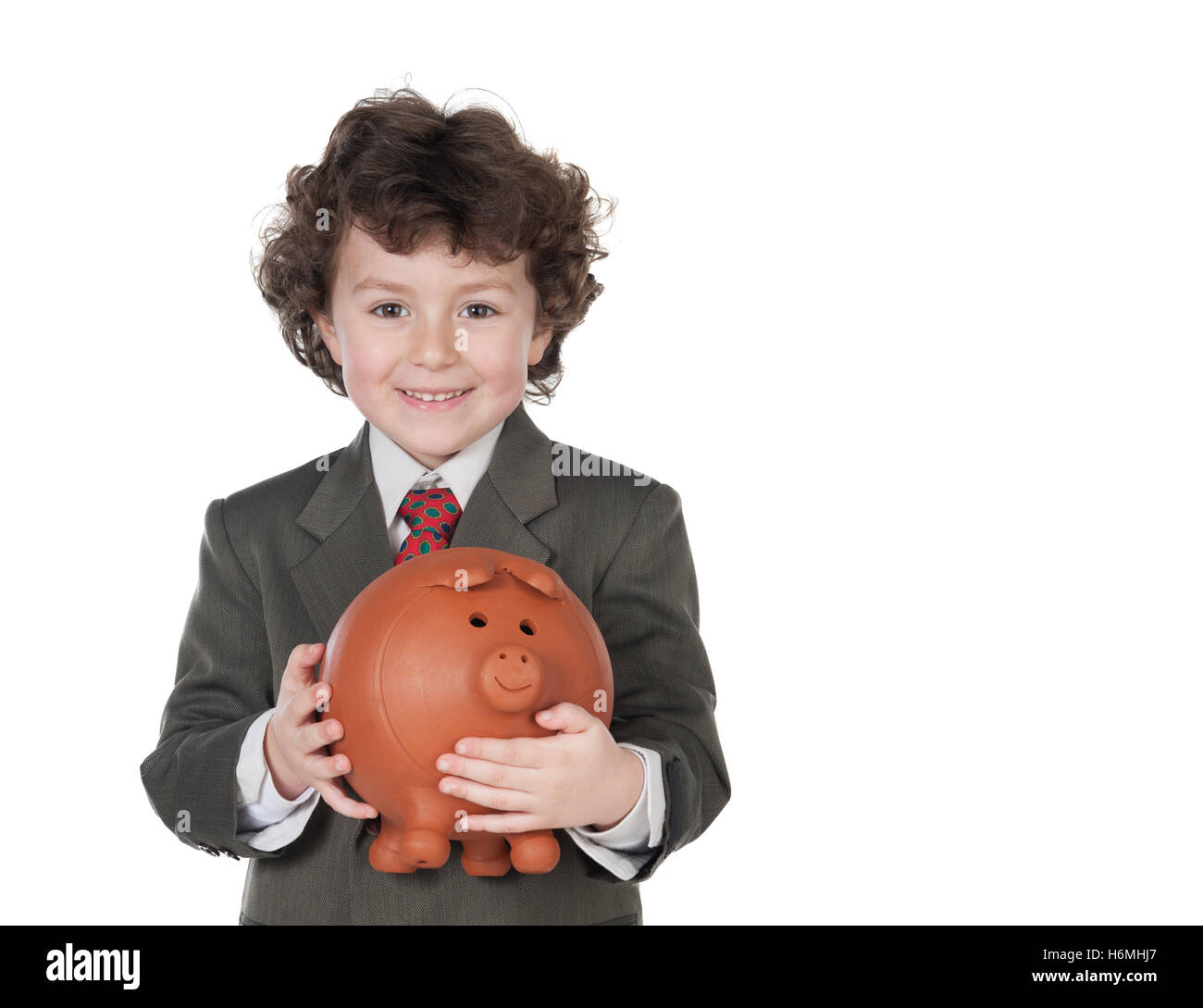 Little businessman with formal suit and big piggybank isolated on a ...
