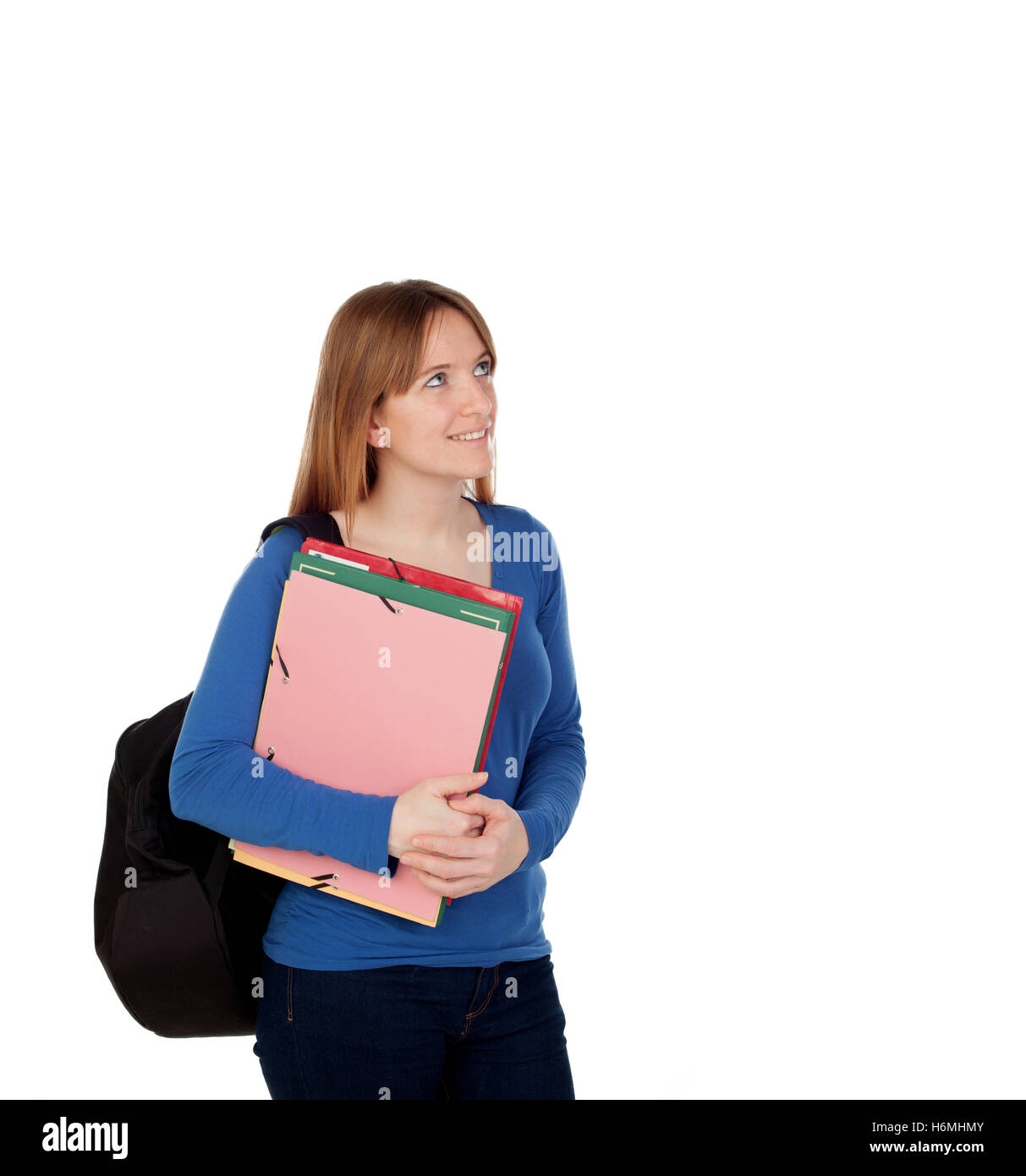 Young student with backpack and books isolated on white background ...