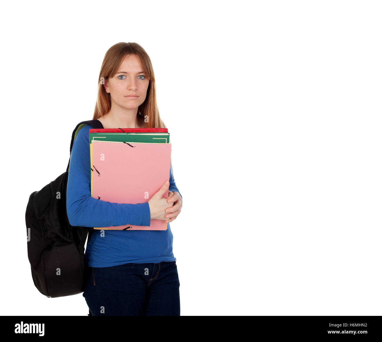 Young student with backpack and books isolated on white background ...