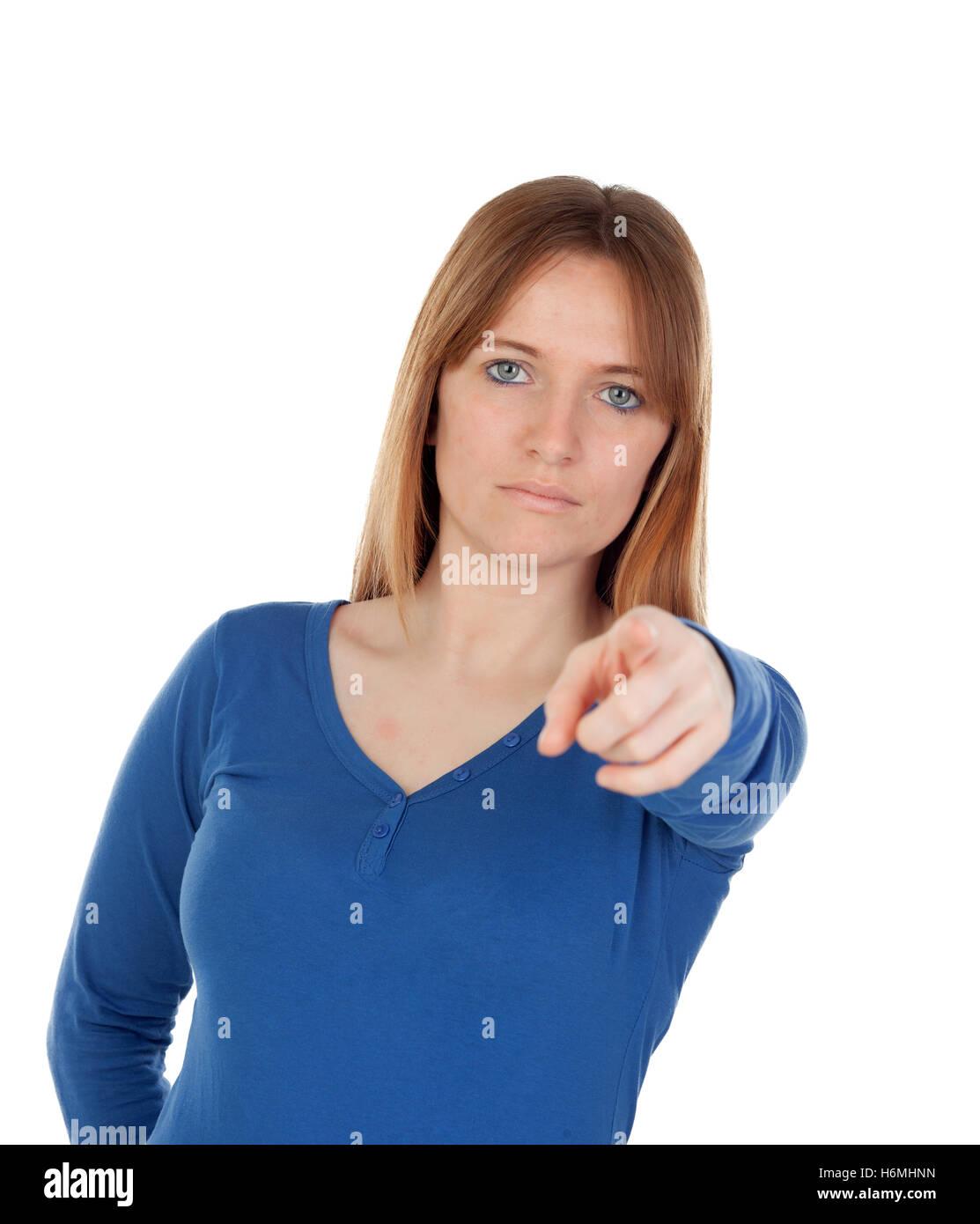 Young woman accused with his finger isolated on white background Stock ...