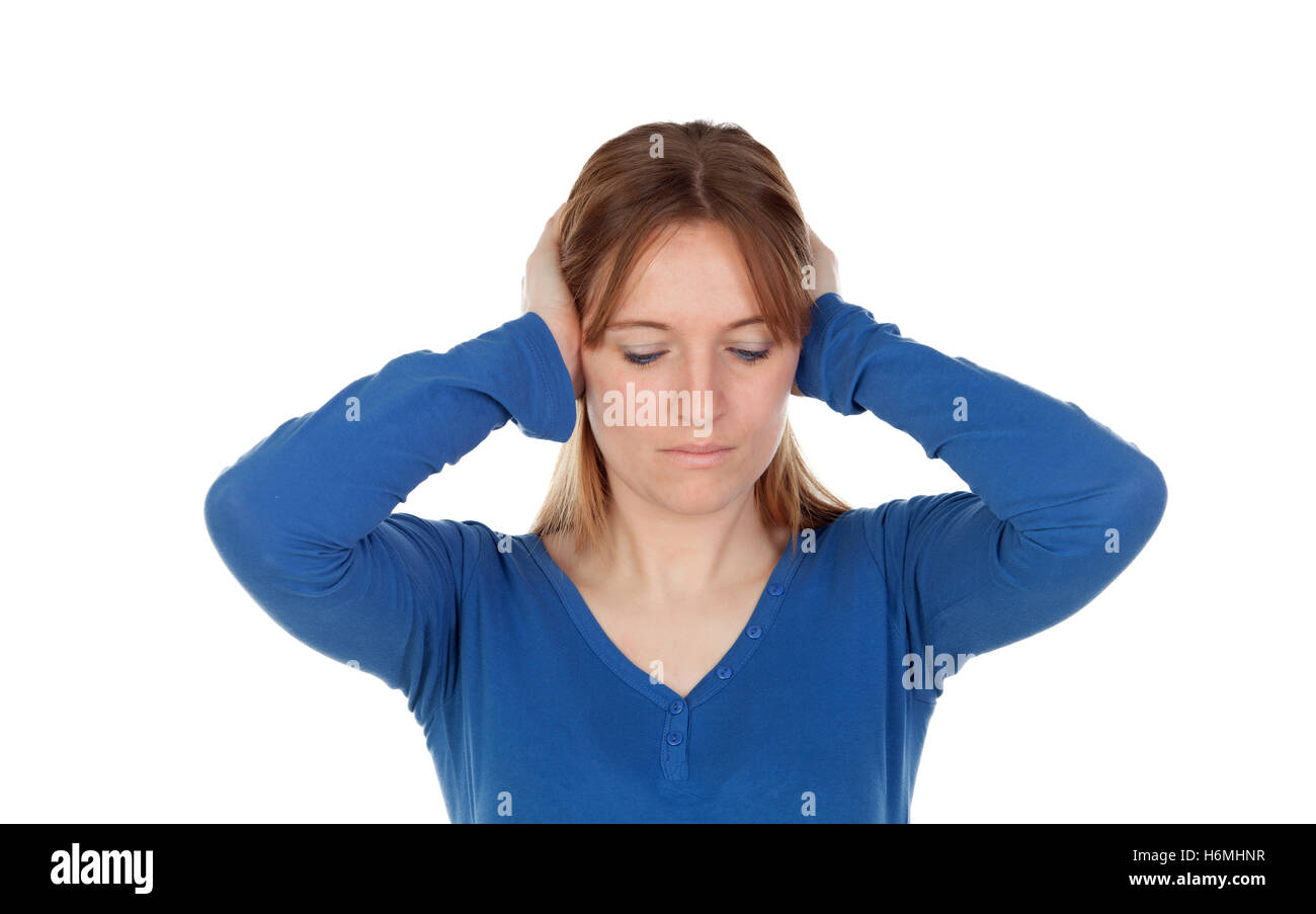 Sad woman covering her ears isolated on a white background Stock Photo ...