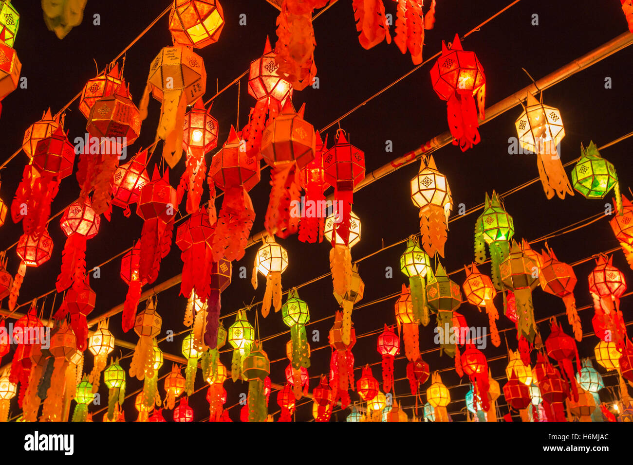 Colorful Lamp and lantern in Loi Krathong Wat Phra That Haripunchai ...