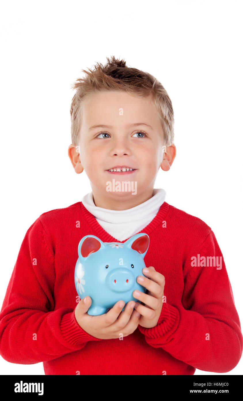 Nice kid with blue moneybox isolated on a white background Stock Photo ...